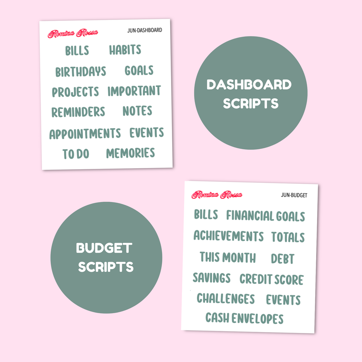 MK-144 June 2025 Dashboard and Script Stickers | A5 & 7x9 EC Planner – Romina Rossa